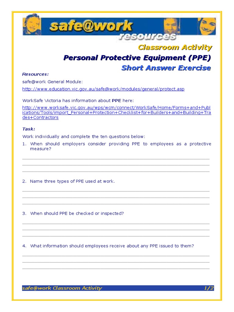 Classroom Activity Personal Protective Equipment (PPE) Short Answer ...