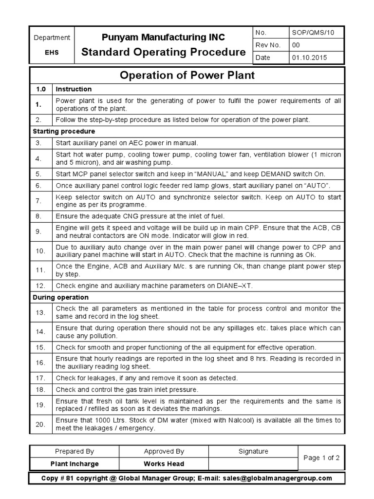 Standard Operating Procedure Operation of Power Plant: Punyam ...