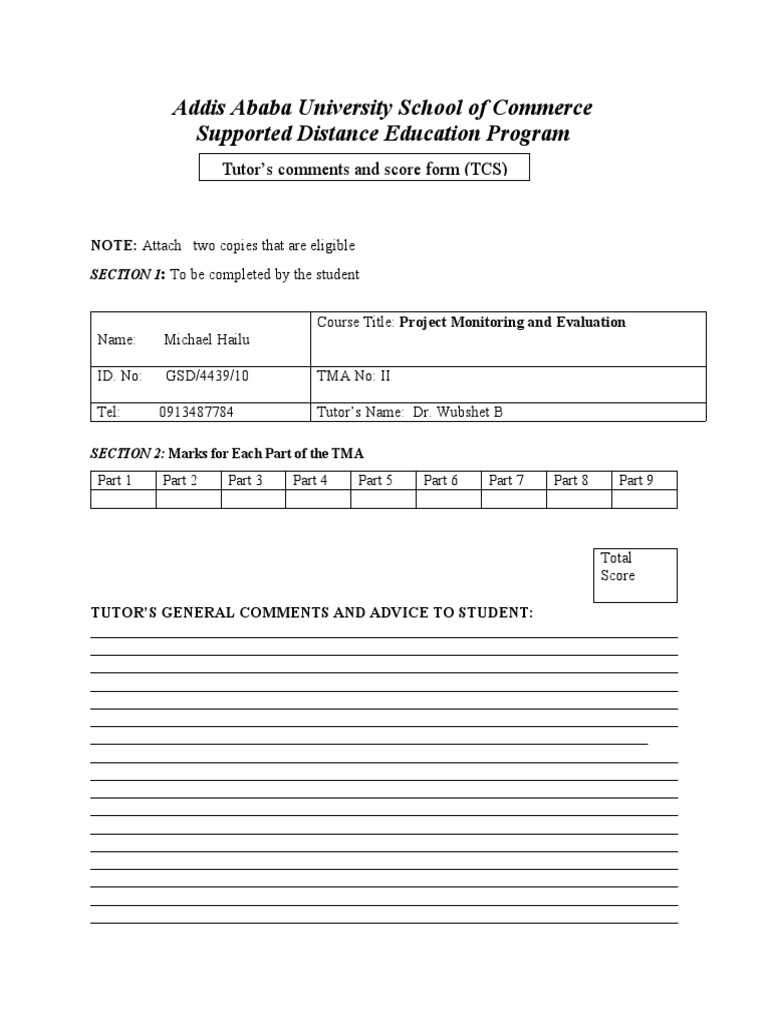 TMA Cover Page of M&E | PDF