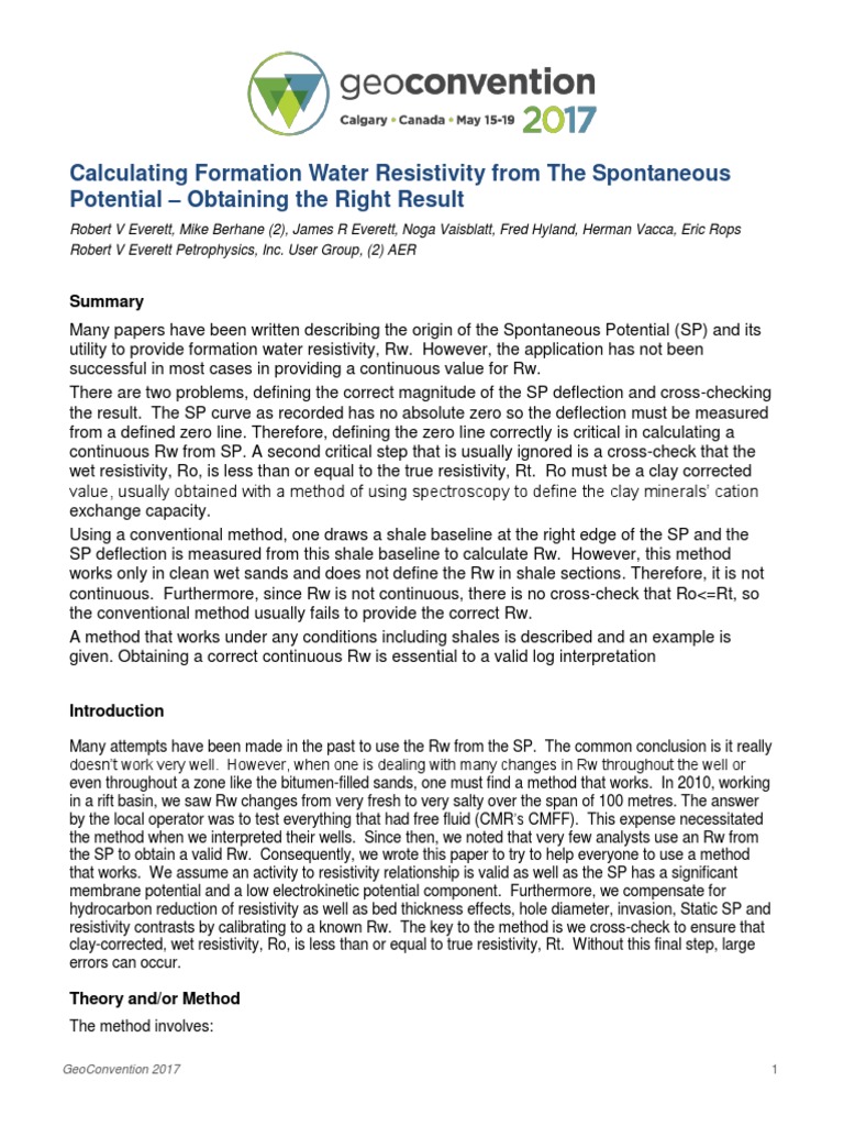 Calculating Formation Water Resistivity From The Spontaneous Potential ...