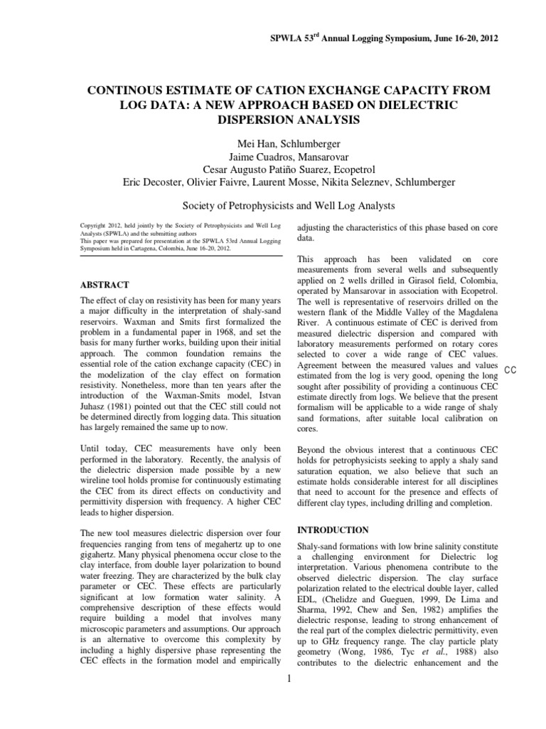 Continuous Estimate of CEC From Log Data | PDF | Dielectric | Permittivity