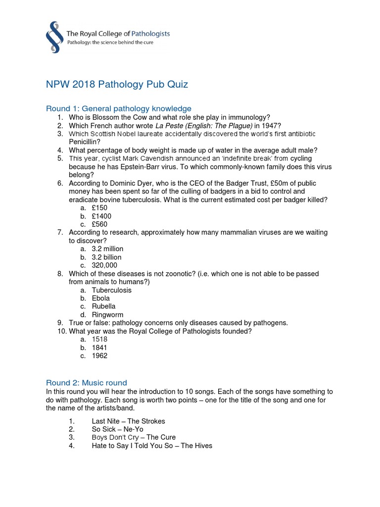 Pathology Pub Quiz: Test Your Knowledge | PDF | Pathology | Biology