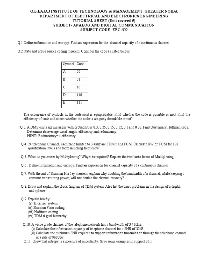 Tutorial Sheet - Unit 5 - Adc | PDF | Data Transmission | Code