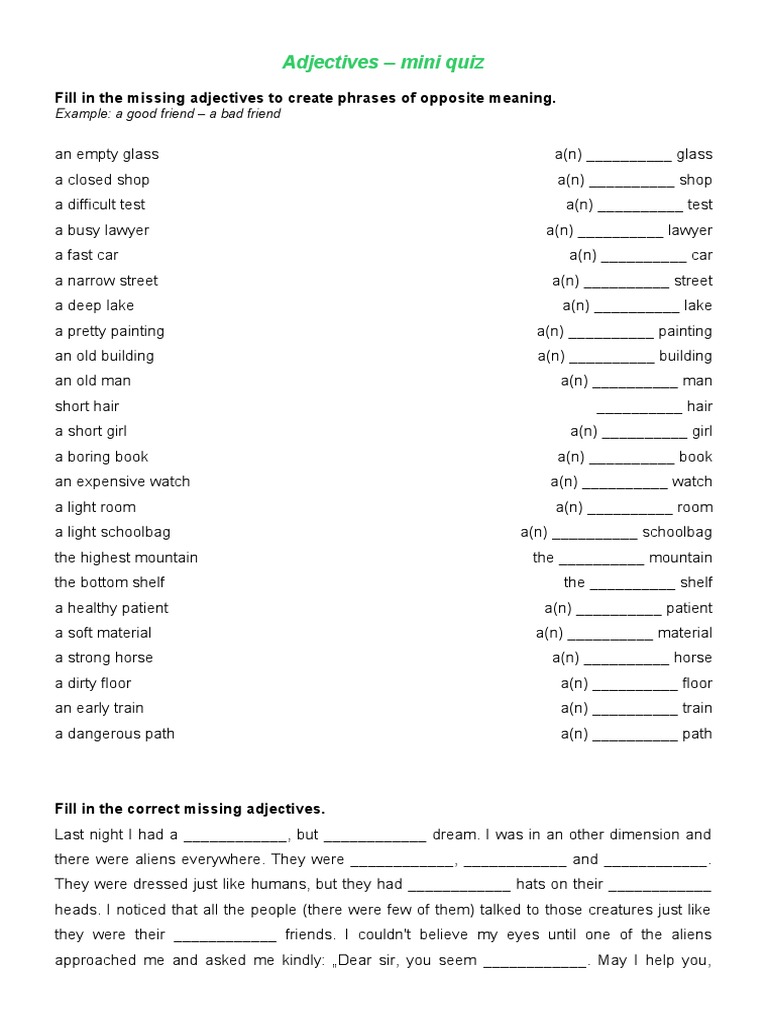 Mini Quiz On Adjectives Reading Comprehension Exercises Tests - 58502 | PDF