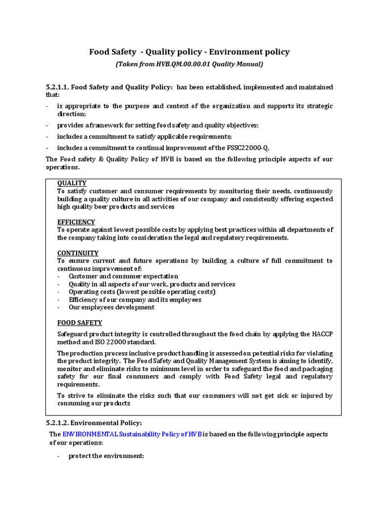 Food Safety - Quality Policy - Environment Policy | PDF | Food Safety ...