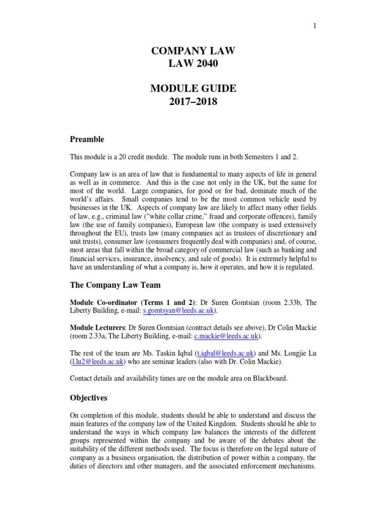 Company Law Module Guide 2017-2018 | PDF | Corporate Law | Lecture