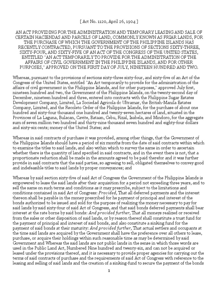 Friar Lands Act No. 1120 Overview | PDF | Lease | Bonds (Finance)
