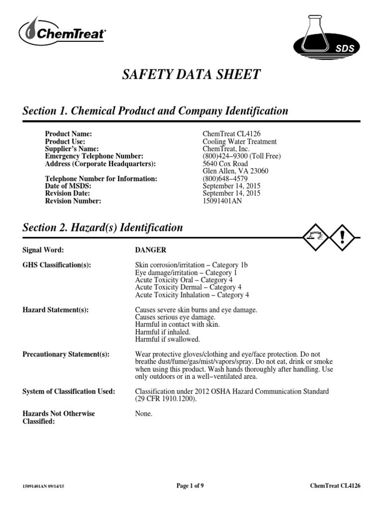 MSDS ChemTreat CL4126 PDF | PDF | Personal Protective Equipment | Magnesium