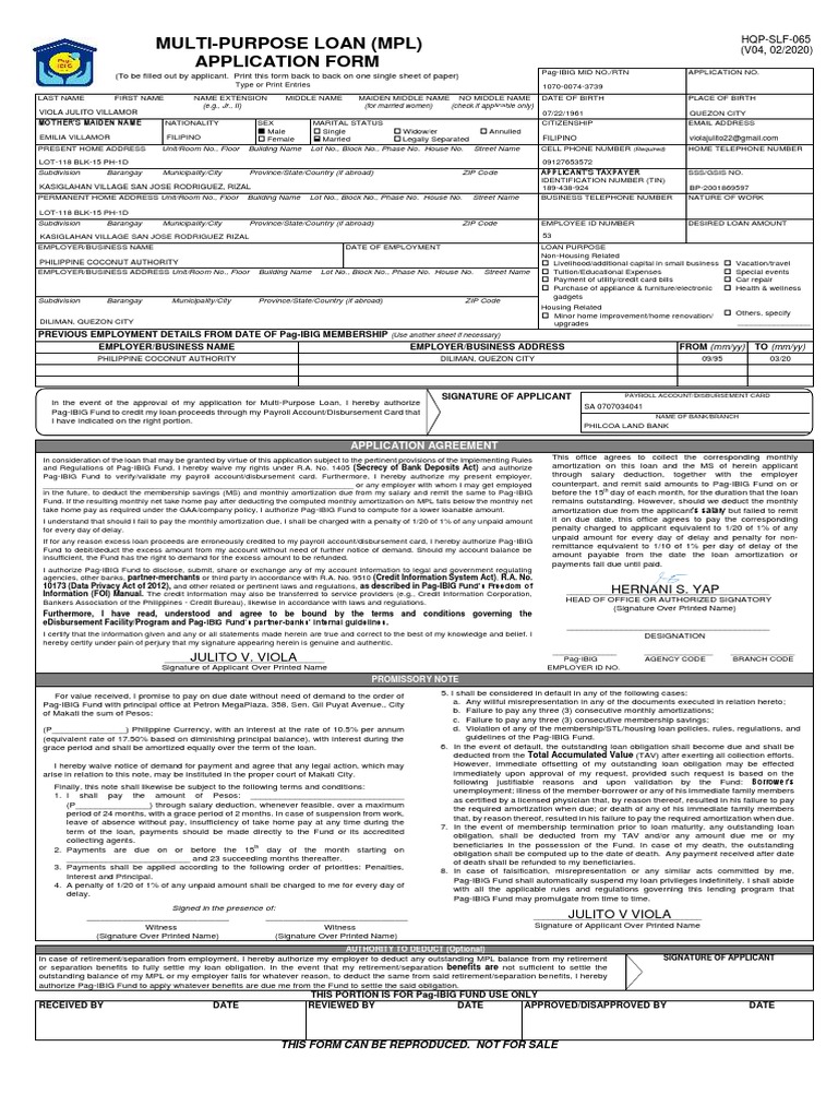 Multi-Purpose Loan (MPL) Application Form: Hernani S. Yap | PDF | Loans ...