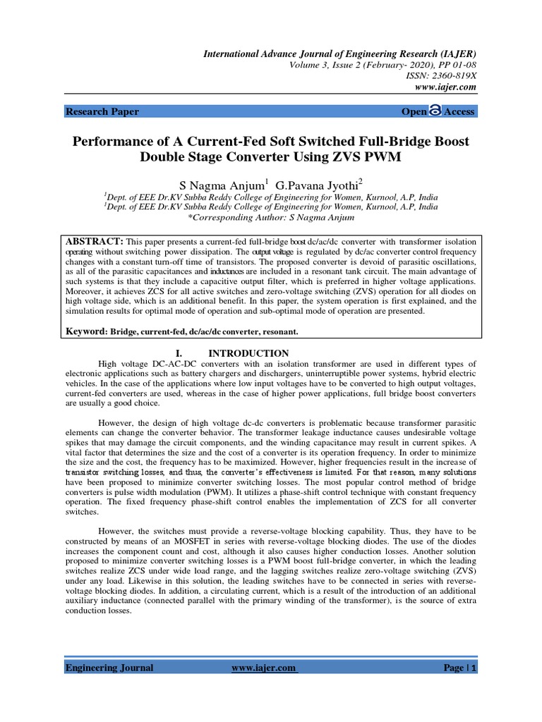 Performance of A Current-Fed Soft Switched Full-Bridge Boost Double Stage Converter Using ZVS ...