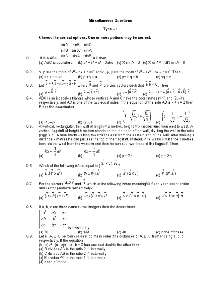 Miscellaneous Questions Type - 1 Choose The Correct Options. One or ...