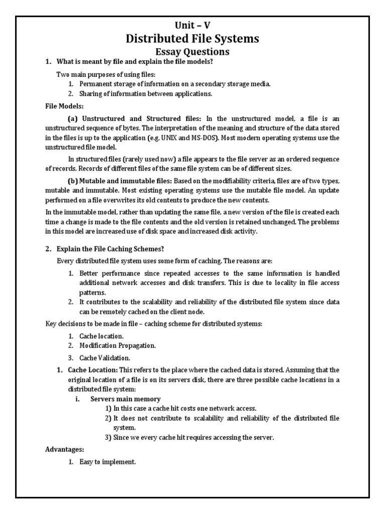 Distributed File Systems: Unit - V Essay Questions | PDF | Cache (Computing) | Replication ...