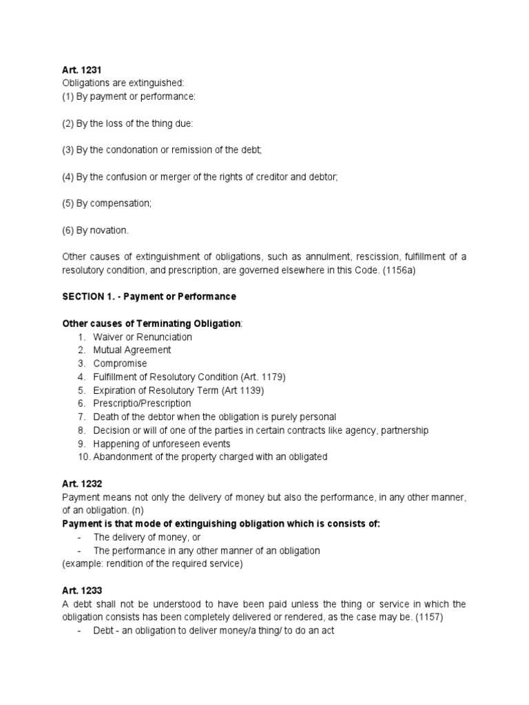 Philippine Oblicon Articles 1231-1260 | PDF | Payments | Bankruptcy