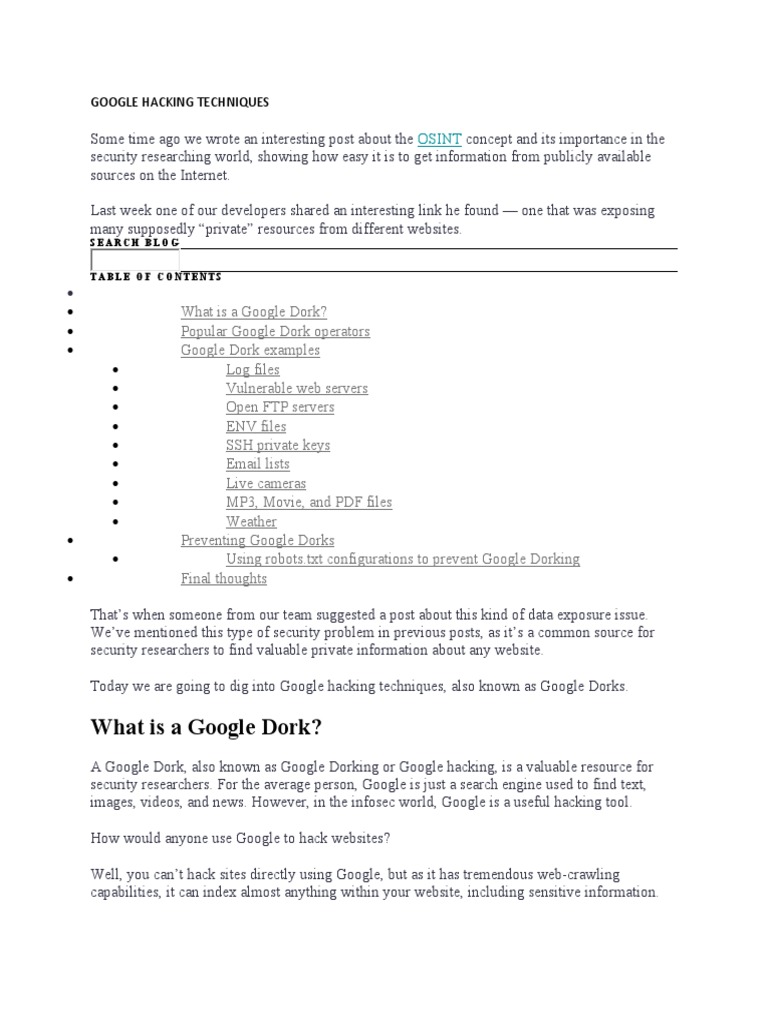 Google Hacking Techniques | PDF | Secure Shell | Search Engine Optimization