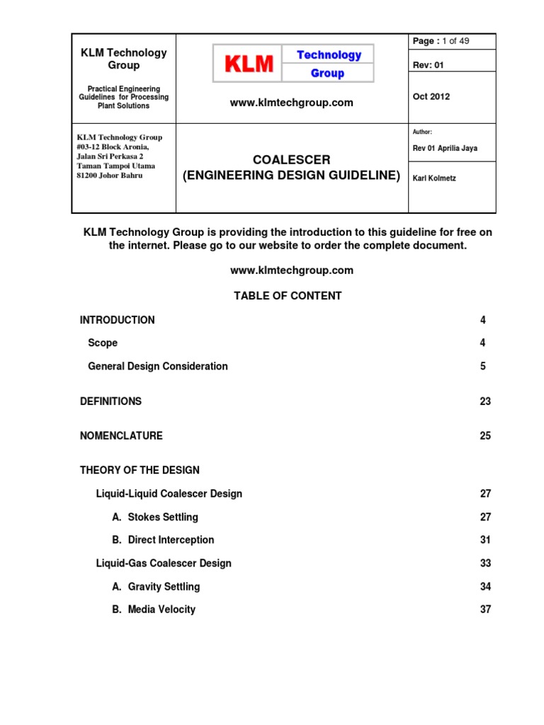 Coalescer (Engineering Design Guideline) : KLM Technology Group ...