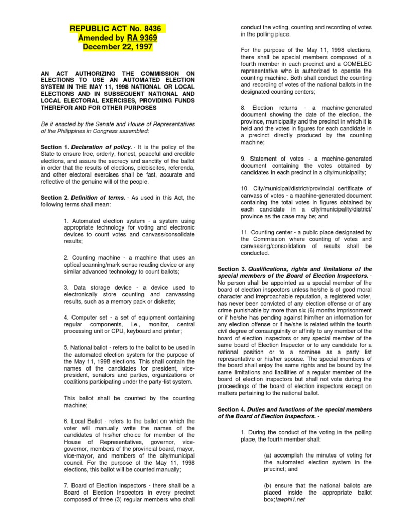 RA 8436 As Amended by RA 9369 - Election Modernization Act | PDF ...