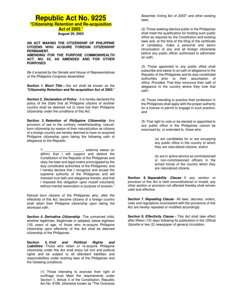 RA 9225 - Citizenship Retention and Reaquisition Act of 2003 | PDF ...