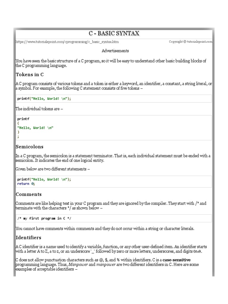 C - Basic Syntax C - Basic Syntax | Download Free PDF | Computer Programming | Software Engineering