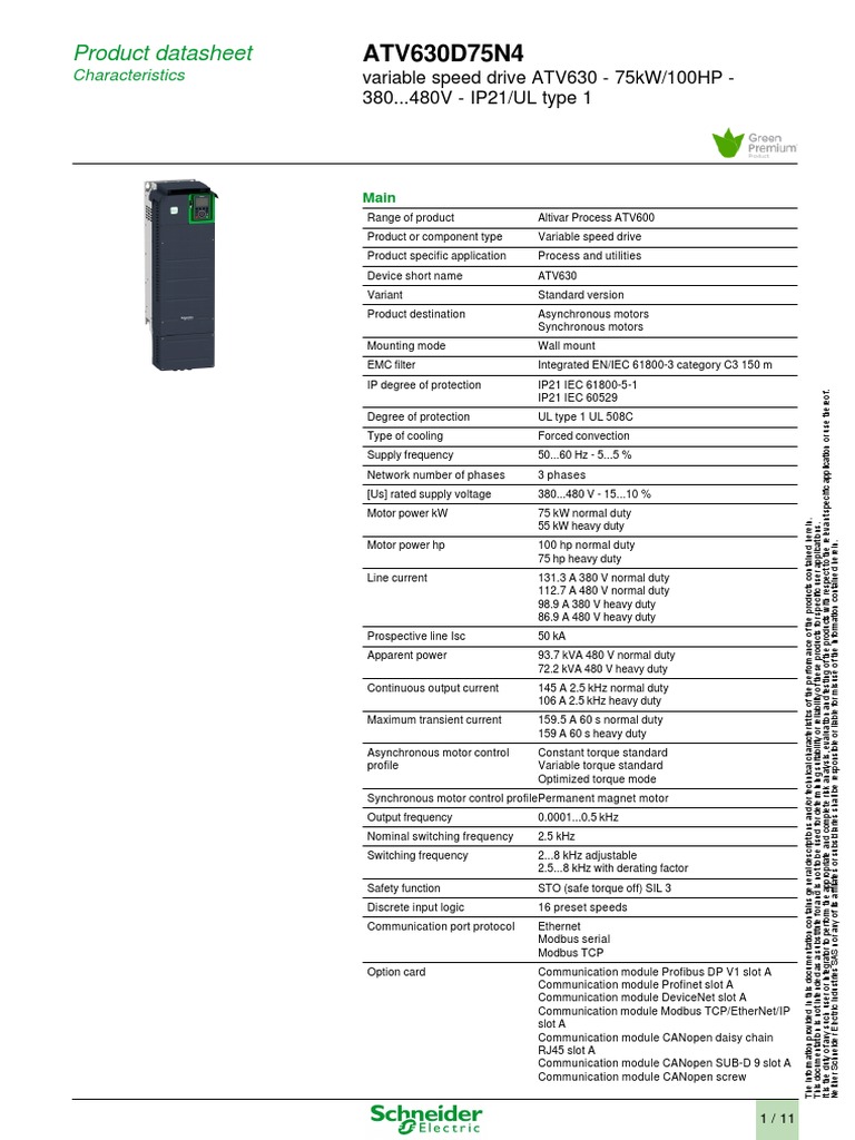 ATV630D75N4: Product Datasheet | PDF | Electric Motor | Relay