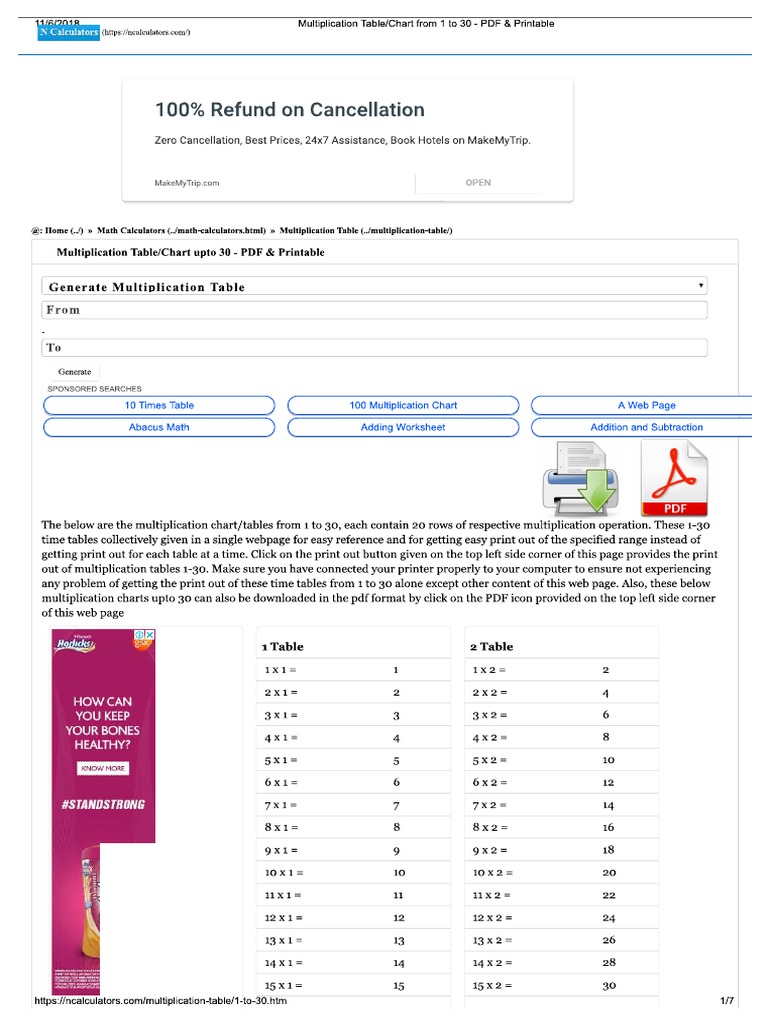 Multiplication Tables Up To 30 | PDF