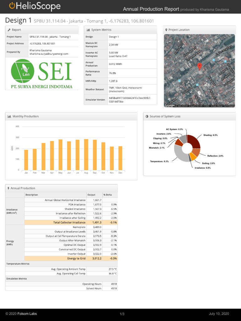 Helioscope - Simulation - SPBU 31.114.04 - Jakarta - Tomang 1 | PDF