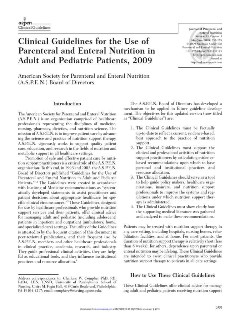 Clinical Guidelines For The Use of Parenteral and Enteral Nutrition in ...
