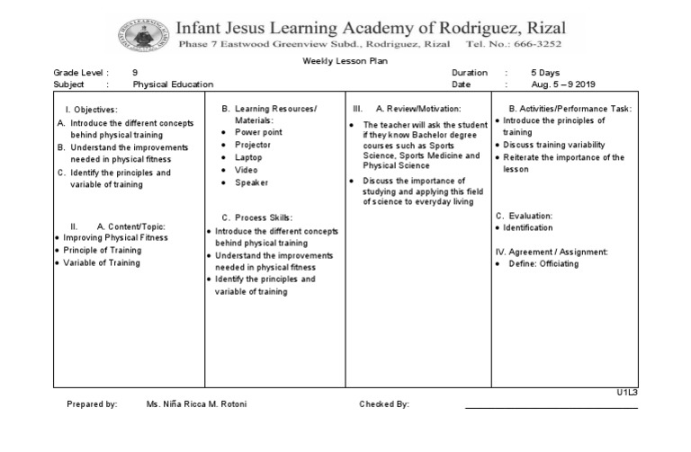Weekly Lesson Plan Grade Level: 9 Duration: 5 Days Subject: Physical ...