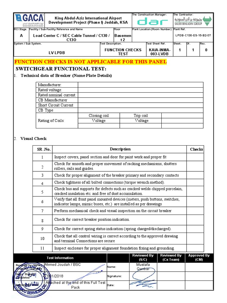 Function Checks Is Not Applicable For This Panel: Switchgear Functional ...