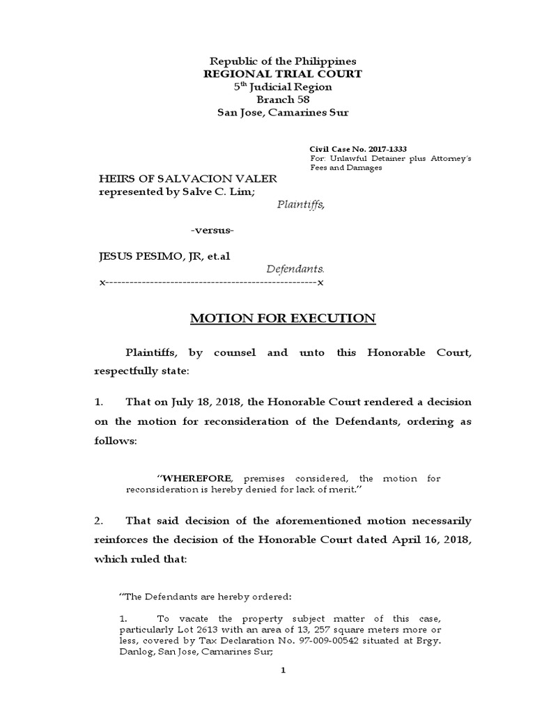 MOTION FOR EXECUTION-Pesimo | PDF | Summary Judgment | Lawsuit