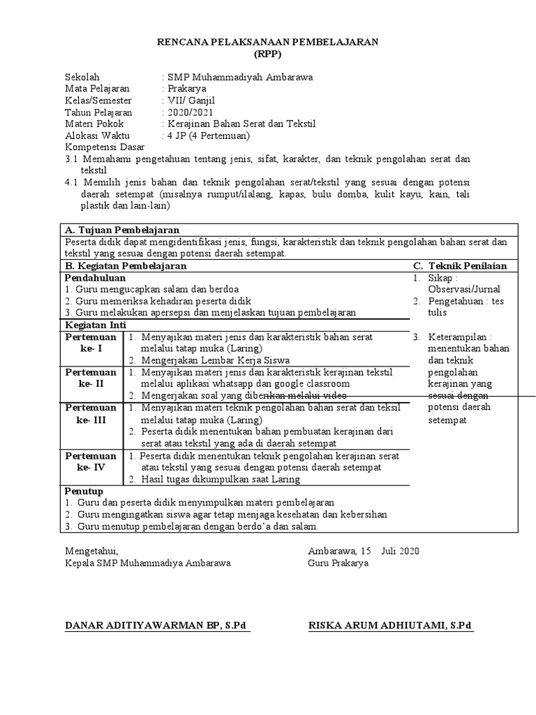 RPP Kerajinan Serat Alam Dan Tekstil | PDF | Karier & Perkembangan | Seni