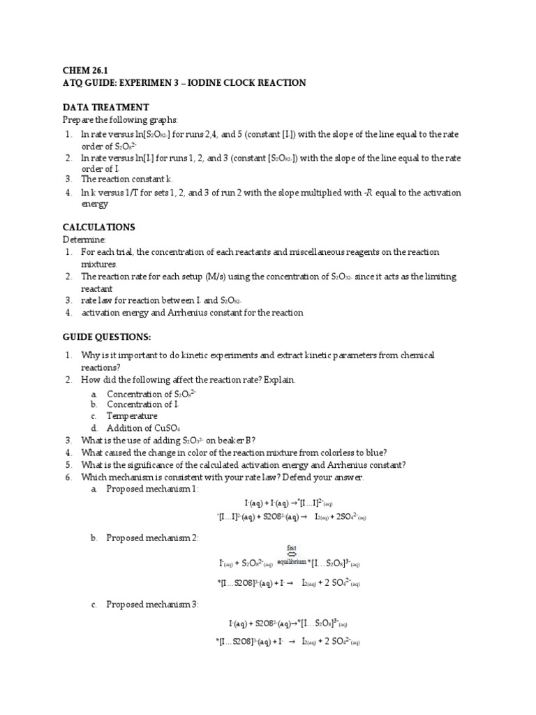 CHEM 26 Iodine Clock Reaction Kinetics | PDF