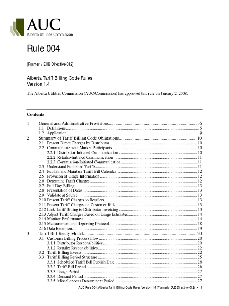 AUC Rule 004: Alberta Tariff Billing Code | PDF | Invoice | Business