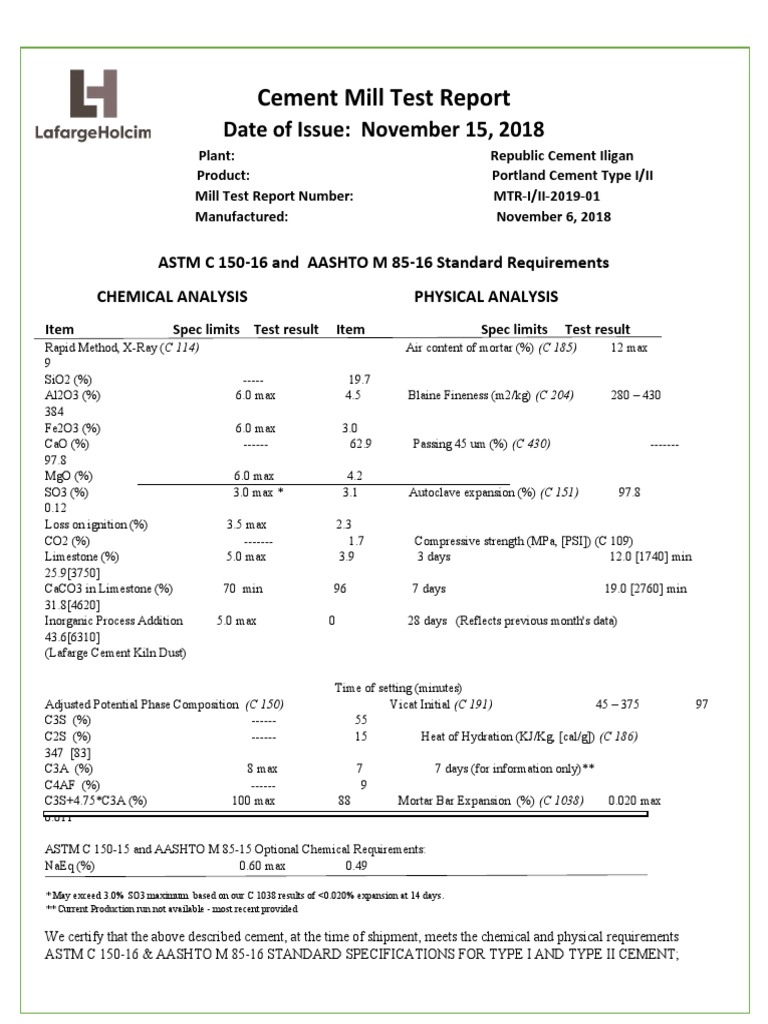 Cement Mill Test Report - Nov 2018 | PDF | Cement | Economic Sectors