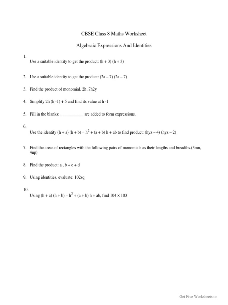 Class 8 Algebraic Expressions Worksheet | PDF