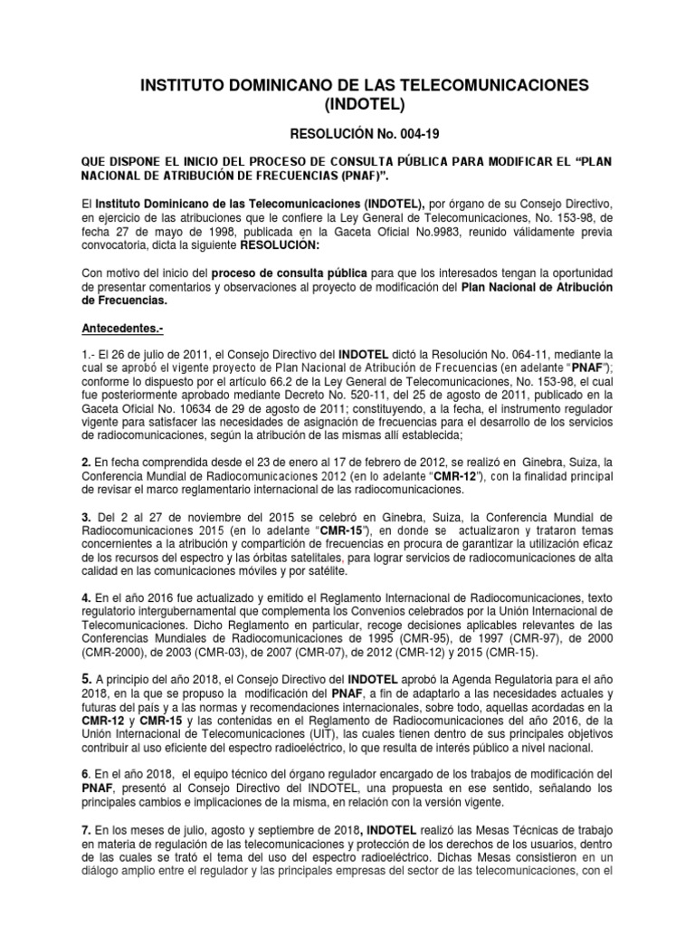 PNAF Resolucion 004-19 Consulta Publica Plan Nacional de Atribucion de ...