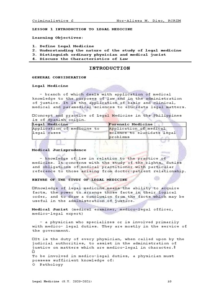 Lesson 1 Legal Medicine | PDF | Confession (Law) | Fingerprint