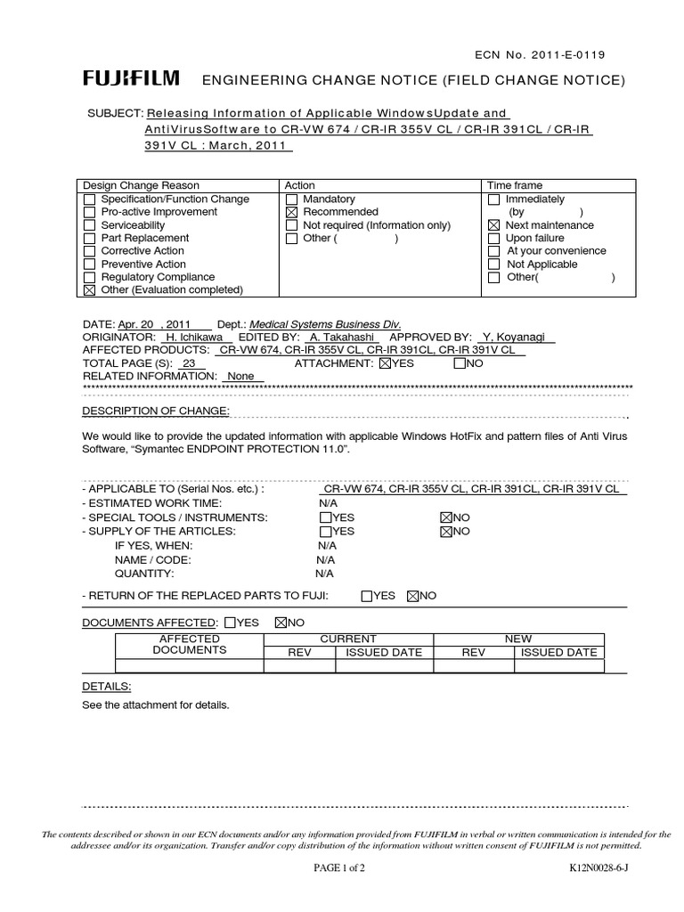 Engineering Change Notice (Field Change Notice) : ECN No. 2011-E-0119 ...