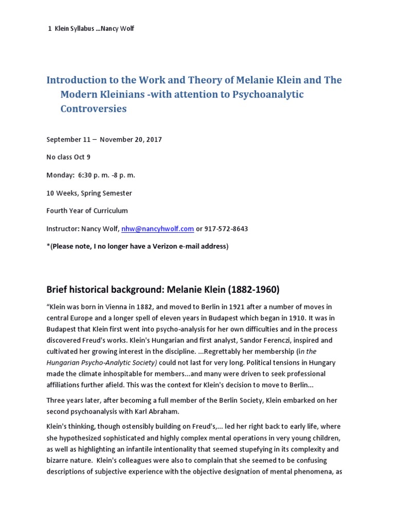 Intro To Melanie Klein Pdf Psychoanalysis Object Relations Theory