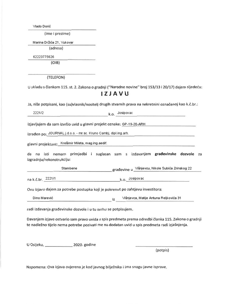 Izjava Susjeda Za Građevinsku Dozvolu Dorić PDF | PDF