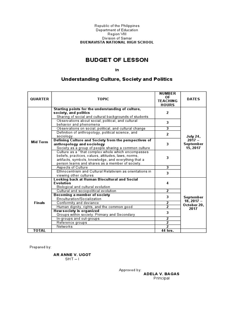 Budget of Lesson: Understanding Culture, Society and Politics | PDF ...