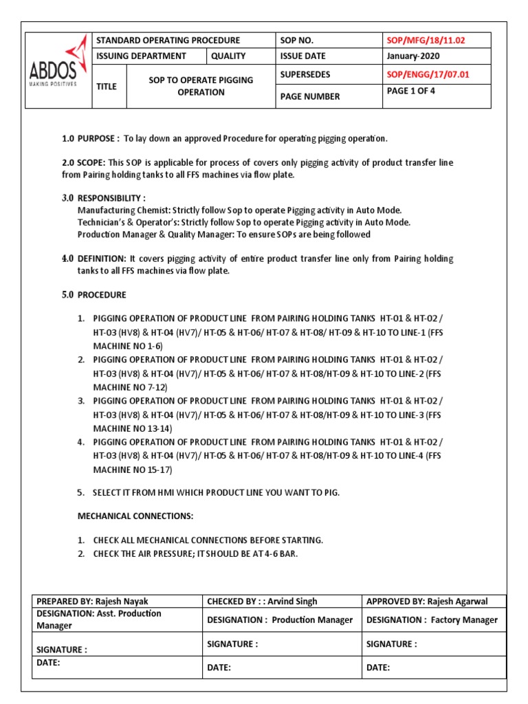 SOP FOR Pigging Operation | PDF