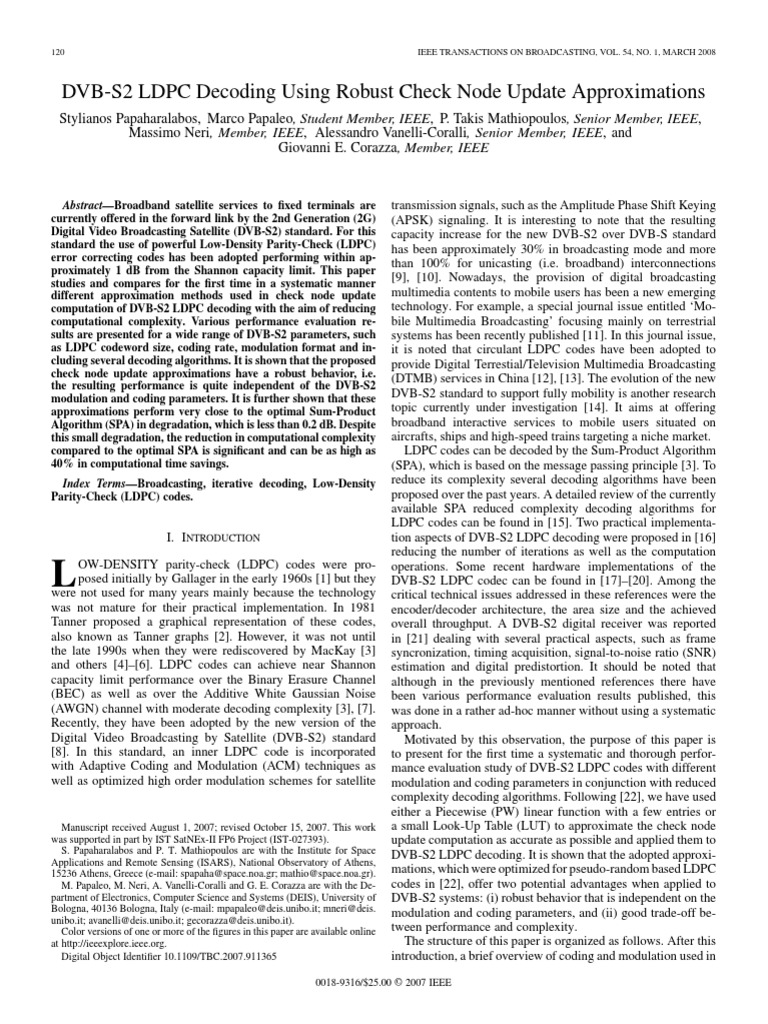 DVB-S2 LDPC Decoding Using Robust Check Node Update Approximations | PDF | Low Density Parity ...