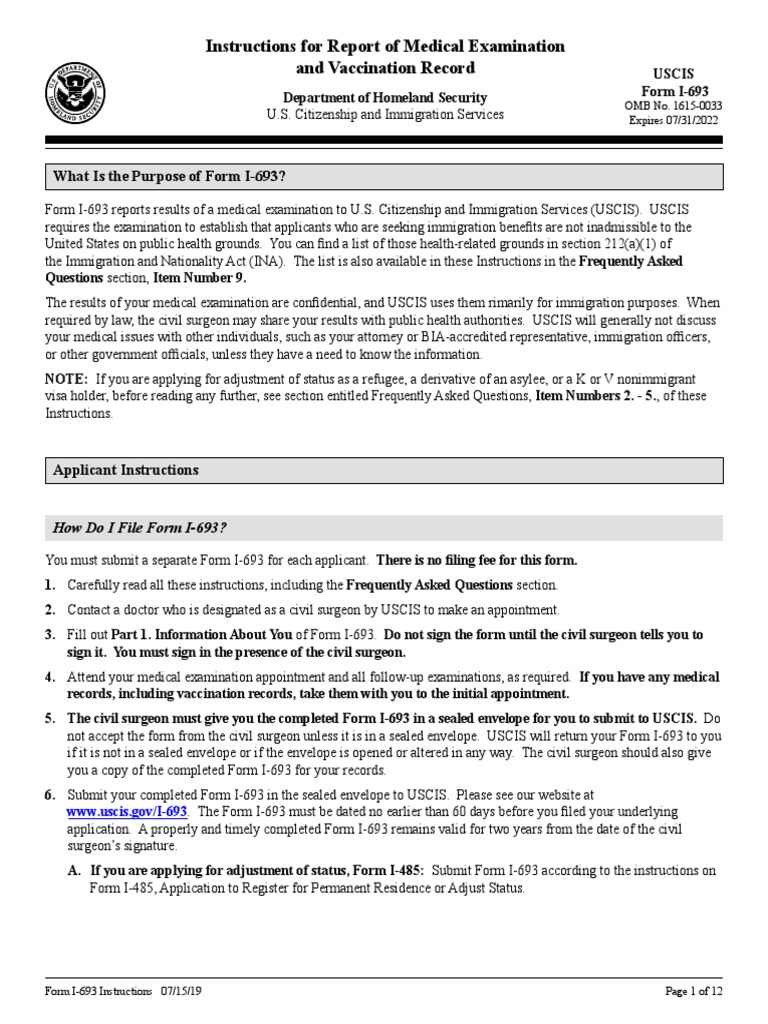 Form I-693 Instructions | PDF | Substance Use Disorder | Substance Abuse