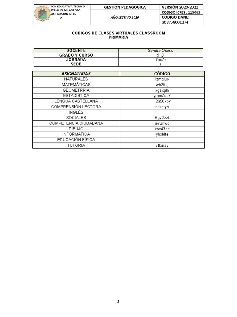 Códigos de Clases Virtuales Classroom 5D | PDF
