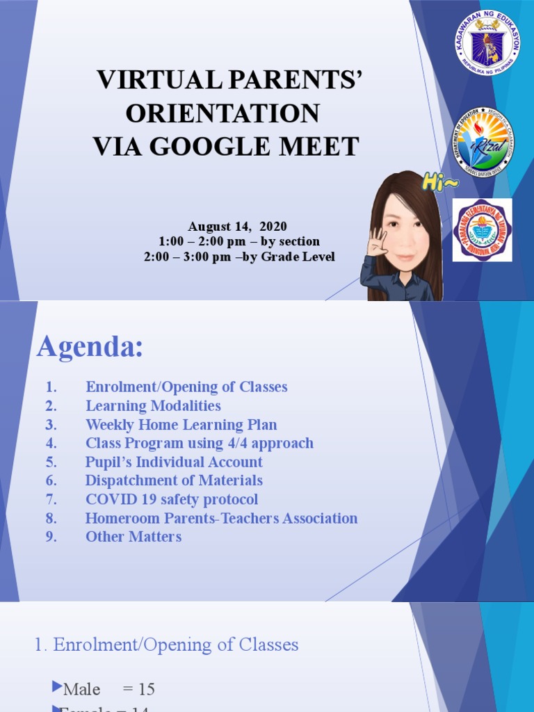 Virtual Parents' Orientation Via Google Meet: August 14, 2020 1:00 - 2: ...