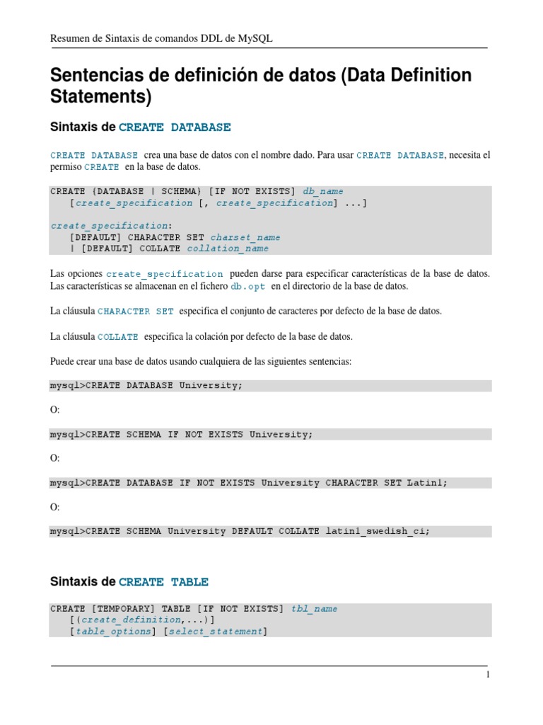 Syntax Summary of MySQL DDL Commands | PDF | Database Index | Information Management