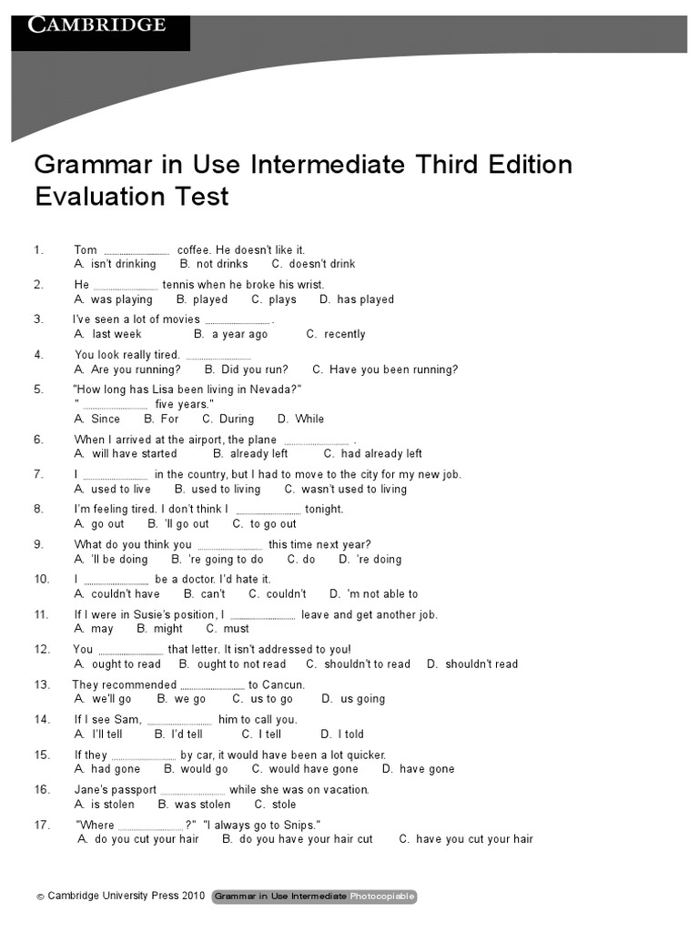 Intermediate Grammar Test PDF | PDF