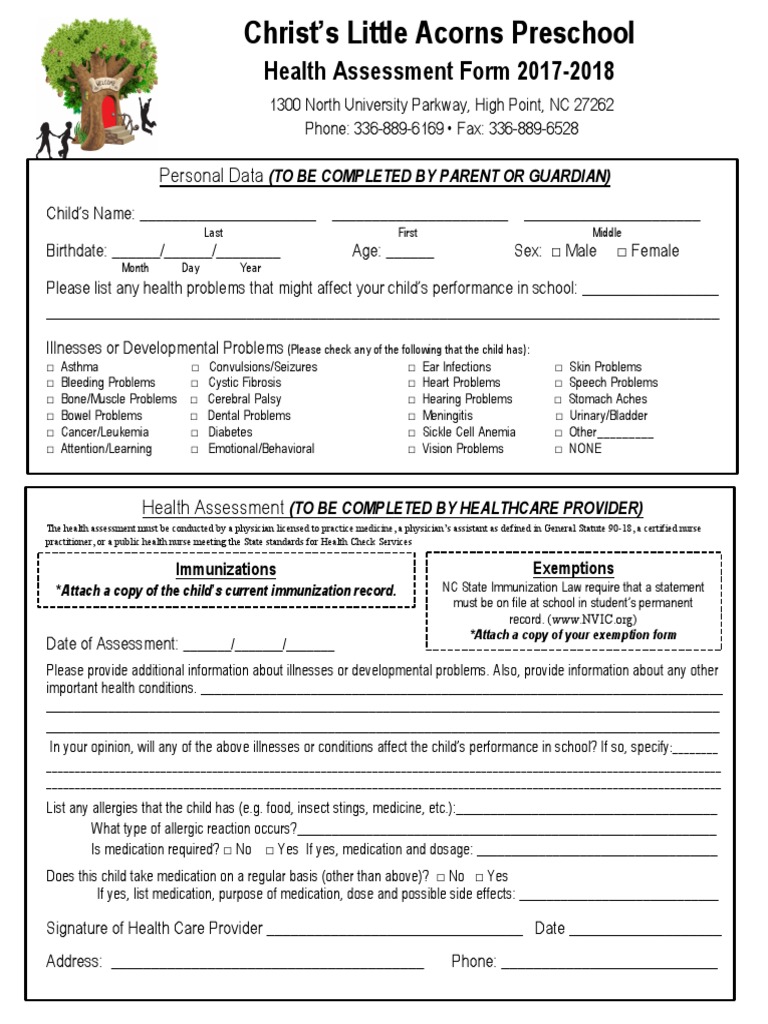 Pre School Health Assessment Form | PDF | Allergy | Health Professional