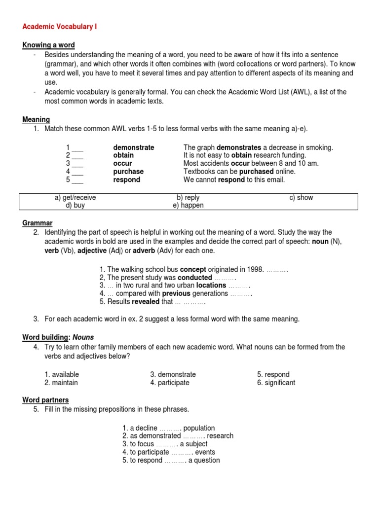 Academic Vocabulary I | PDF | Part Of Speech | Word