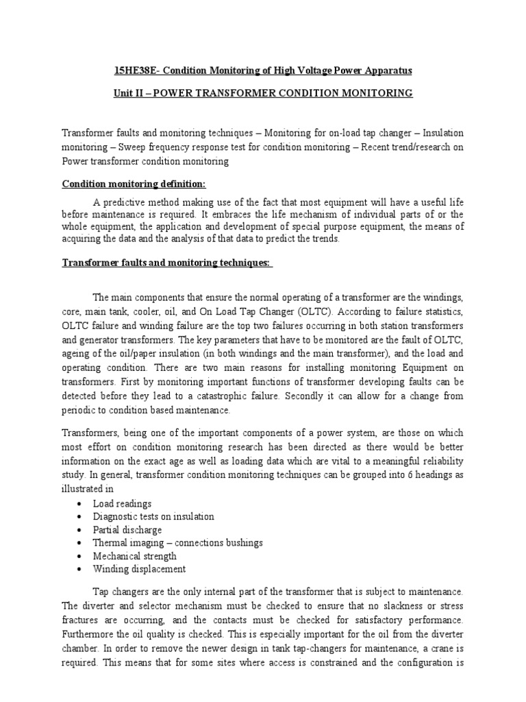 Transformer Condition Monitoring Techniques | PDF | Transformer | Switch